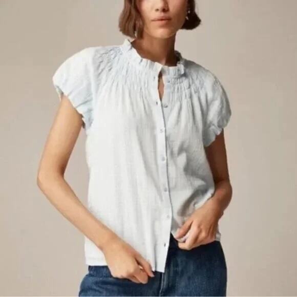 J. Crew | Tops | J Crew Smocked Neck Short Puff Sleeve Blouse Textured Gauze Cotton Blue Small ...